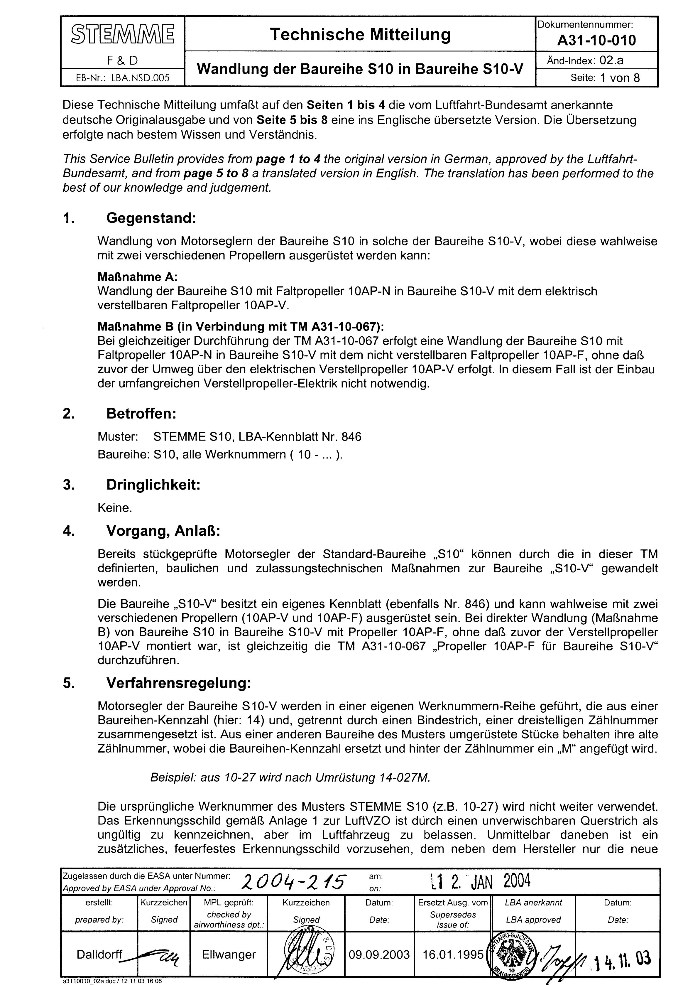 S10 Service Bulletin S10 to S10-V Conversion – Stemme USA