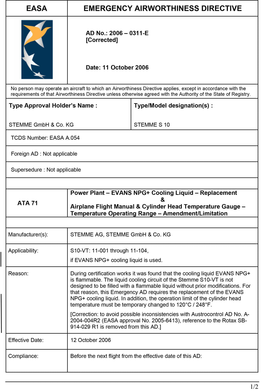 S10 EASA AD Coolant Replacement – Stemme USA