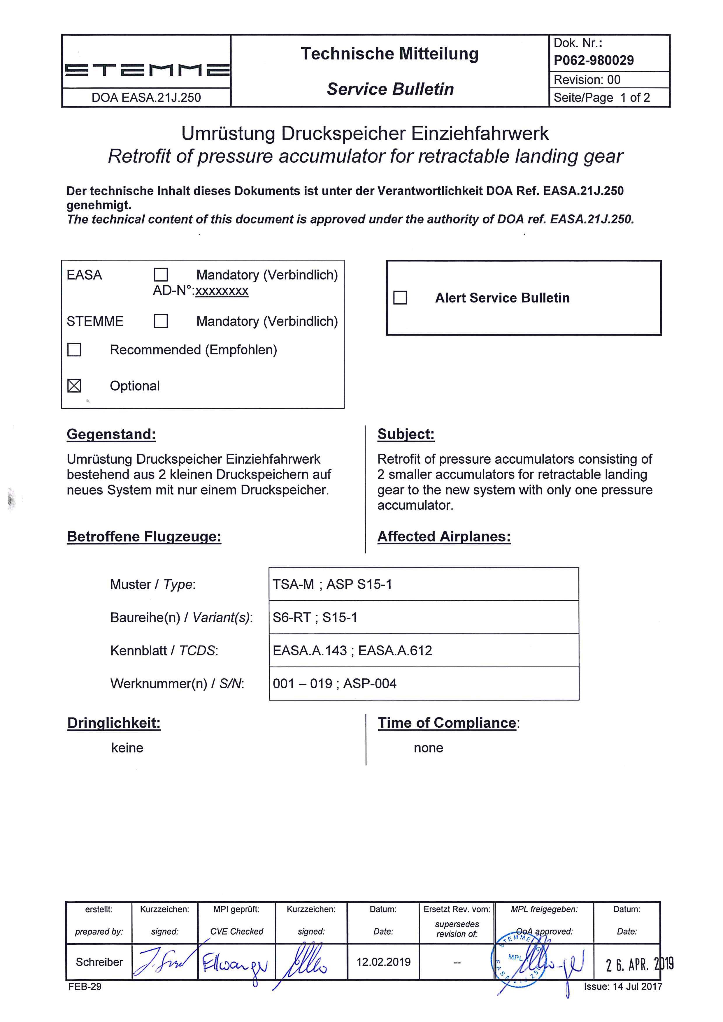 S6 Service Bulletin Pressure Accumulator Retrofit – Stemme USA