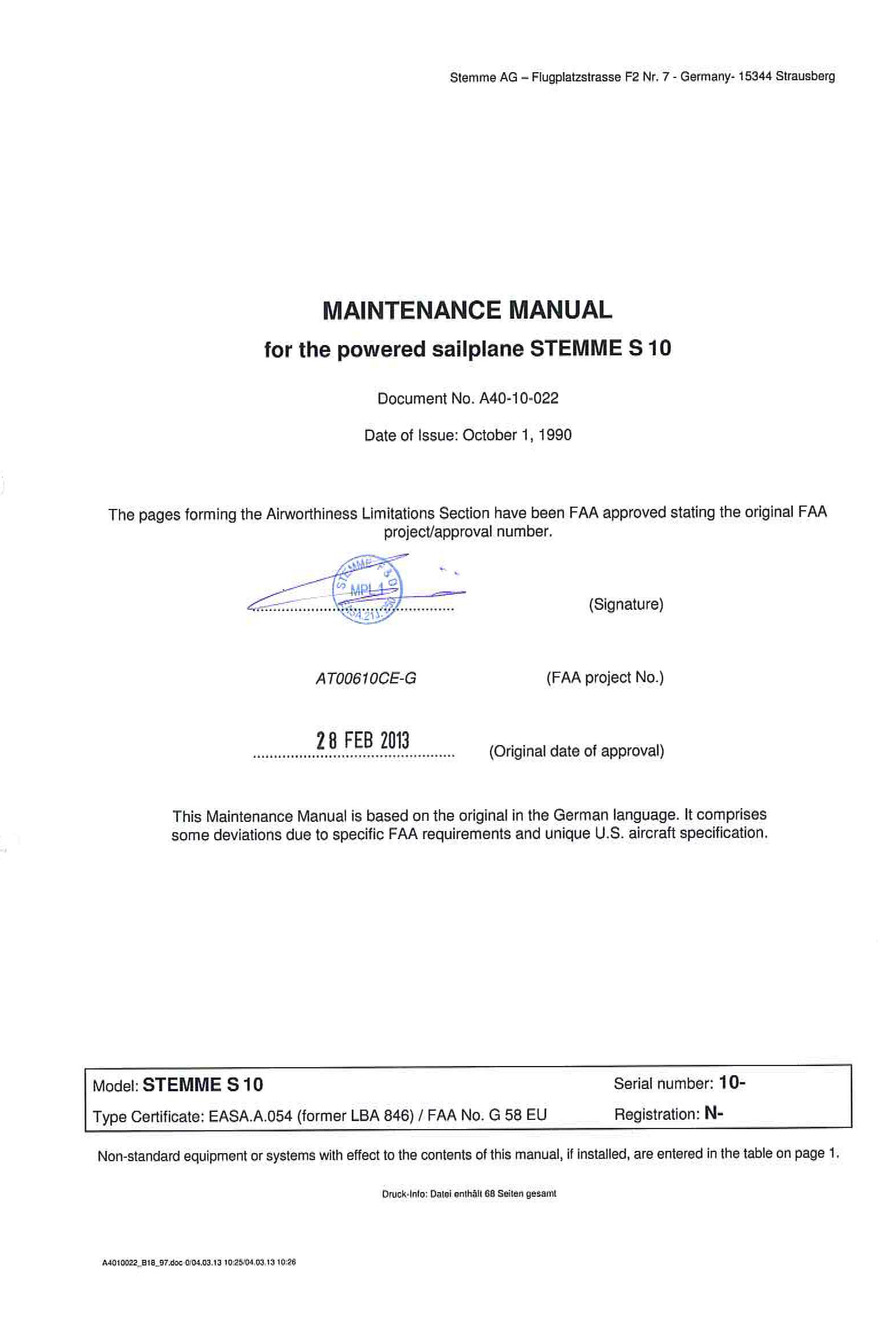 S10 FAA Maintenance Manual – Stemme USA
