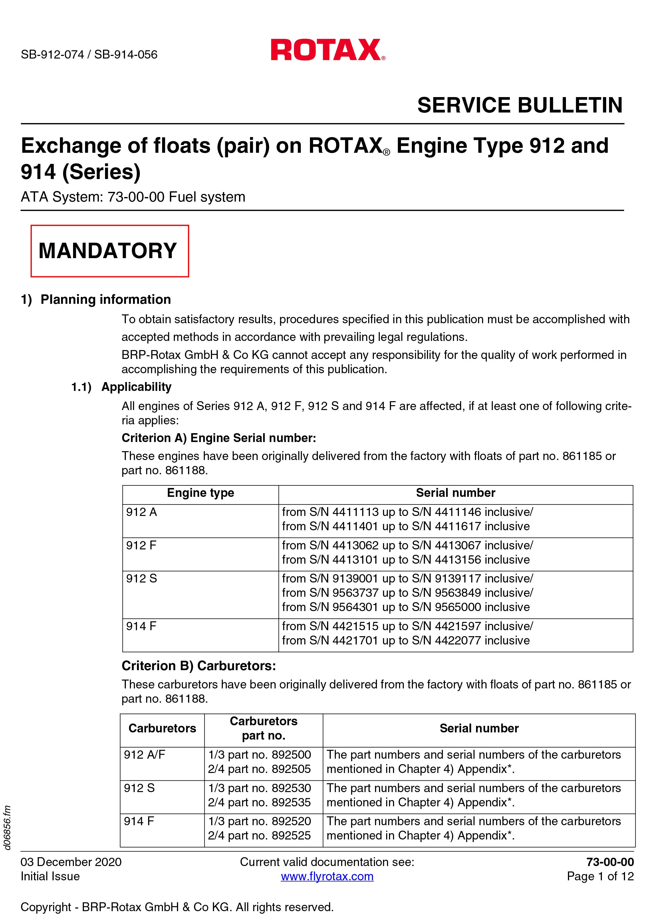 Rotax Service Bulletin Exchange of Floats – Stemme USA